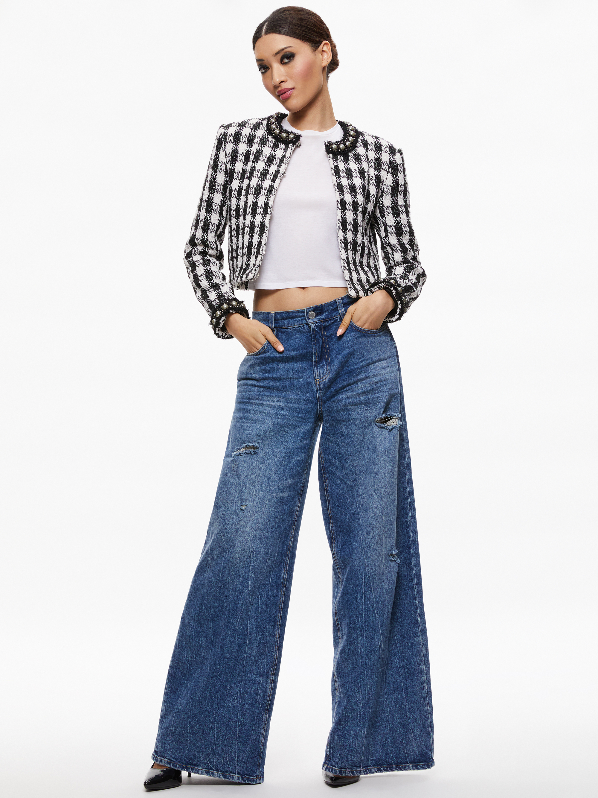 Deon Two-fer Tweed Jacket In Black/white | Alice + Olivia