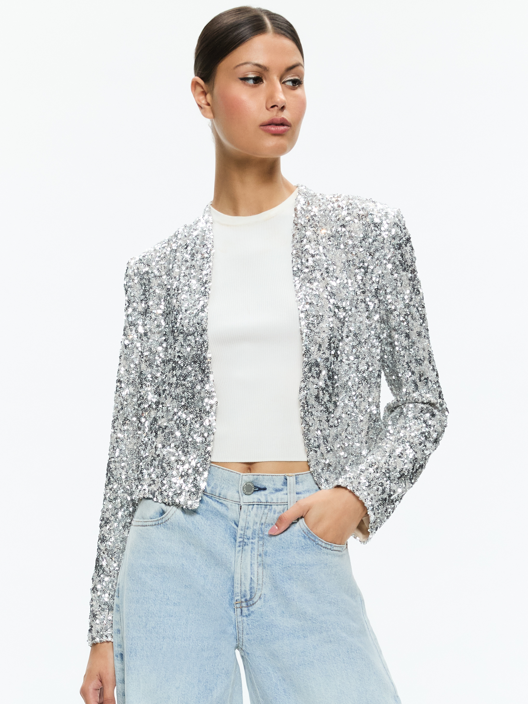 New Harvey Sequin Open Front Jacket In Champagne/silver | Alice + Olivia