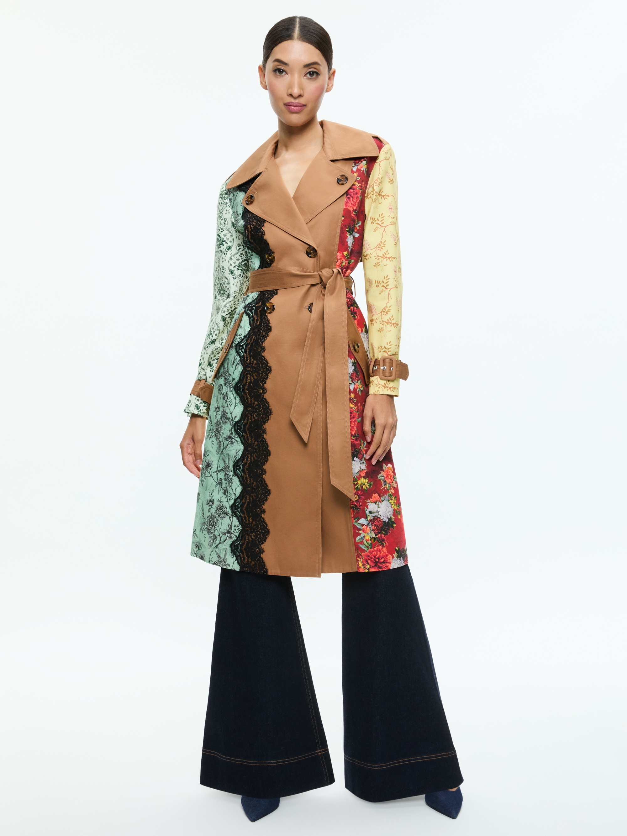 Keith Midi Trench With Lace Detail In Tan/multi | Alice + Olivia