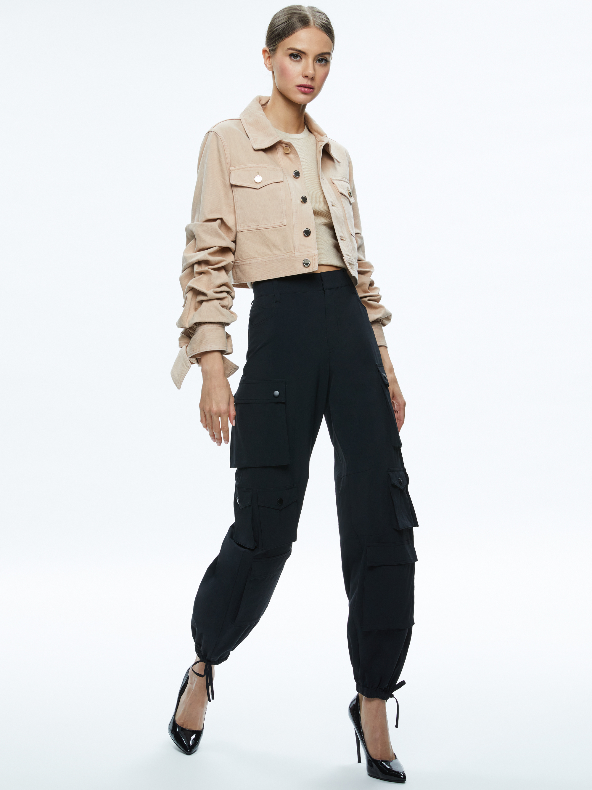 Tiff Denim Jacket With Bow Sleeve In Almond | Alice + Olivia
