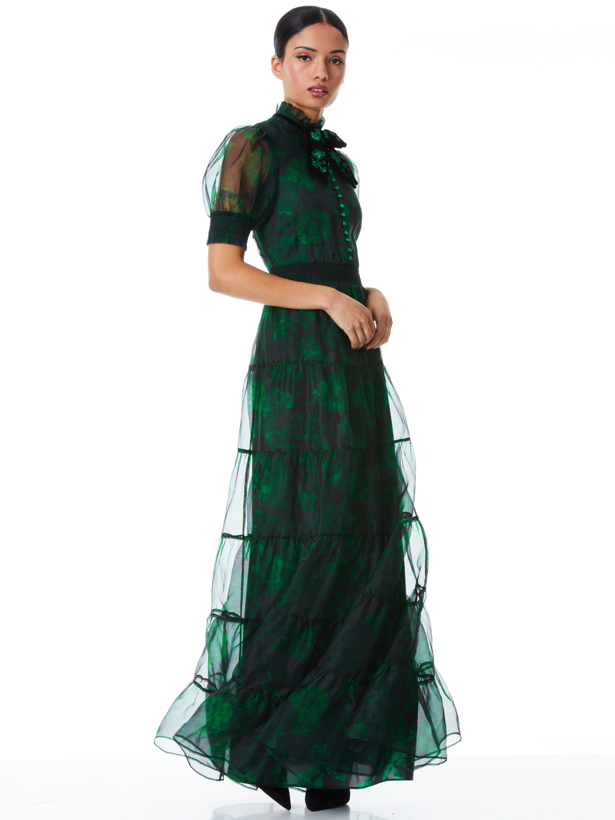 Coletta Velvet Bow Neck Button Front Maxi Dress In Dream Floral Emerald ...