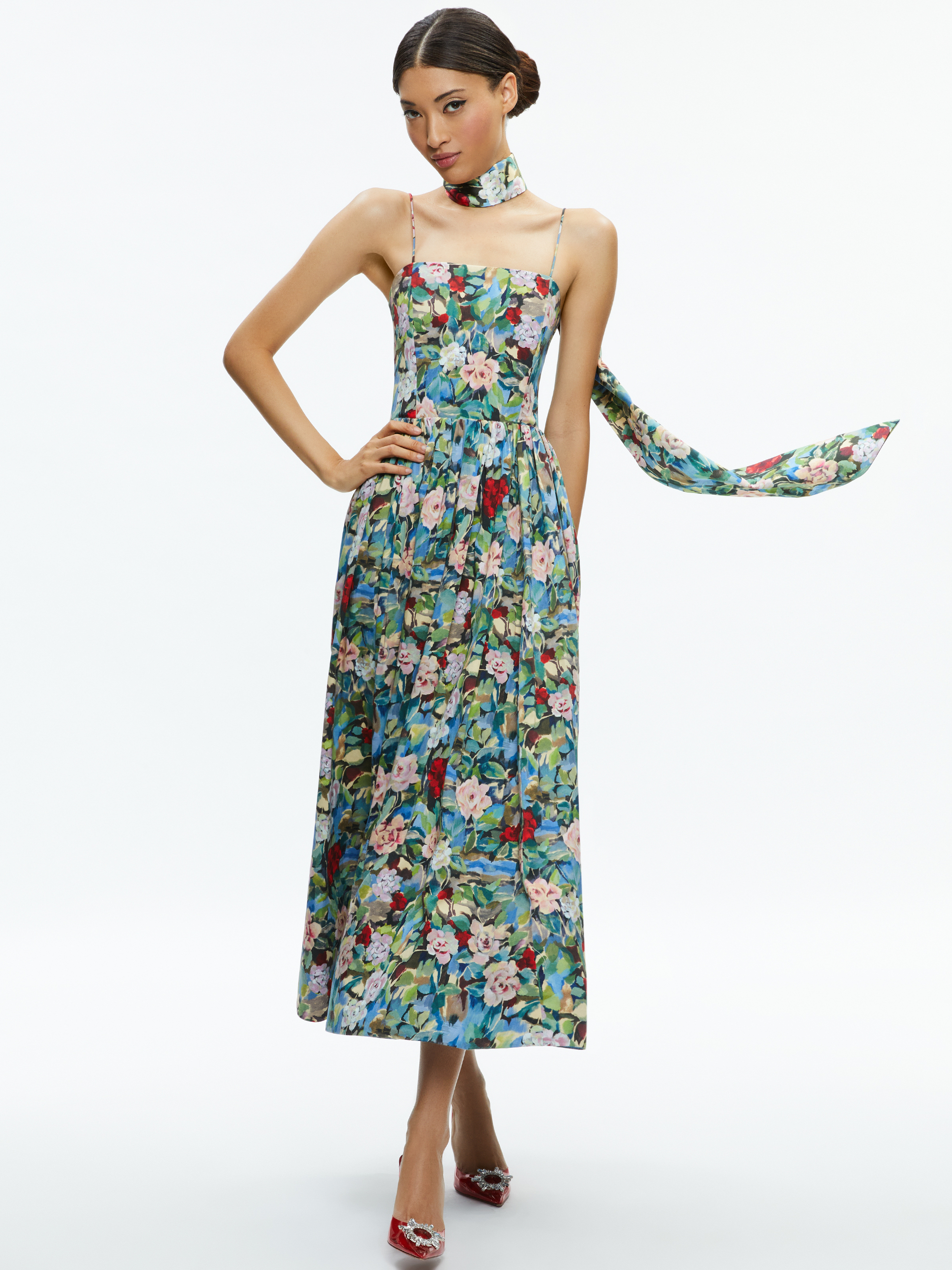 Glynis Spaghetti Strap Scarf Midi Dress In Breeze Floral | Alice + Olivia