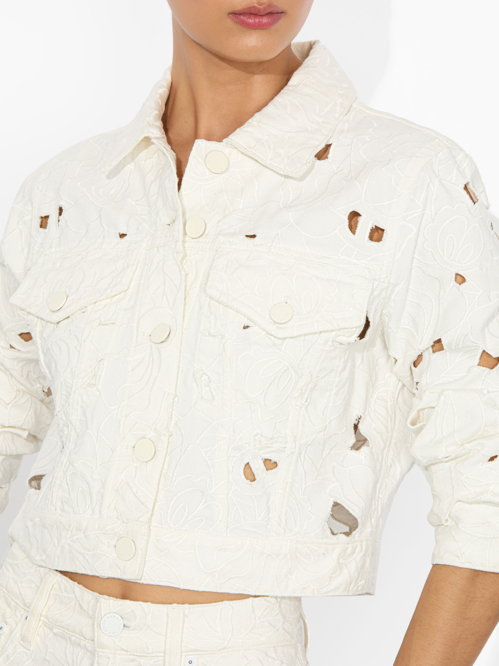 CHLOE EYELET DENIM JACKET in OFF WHITE | ALICE + OLIVIA