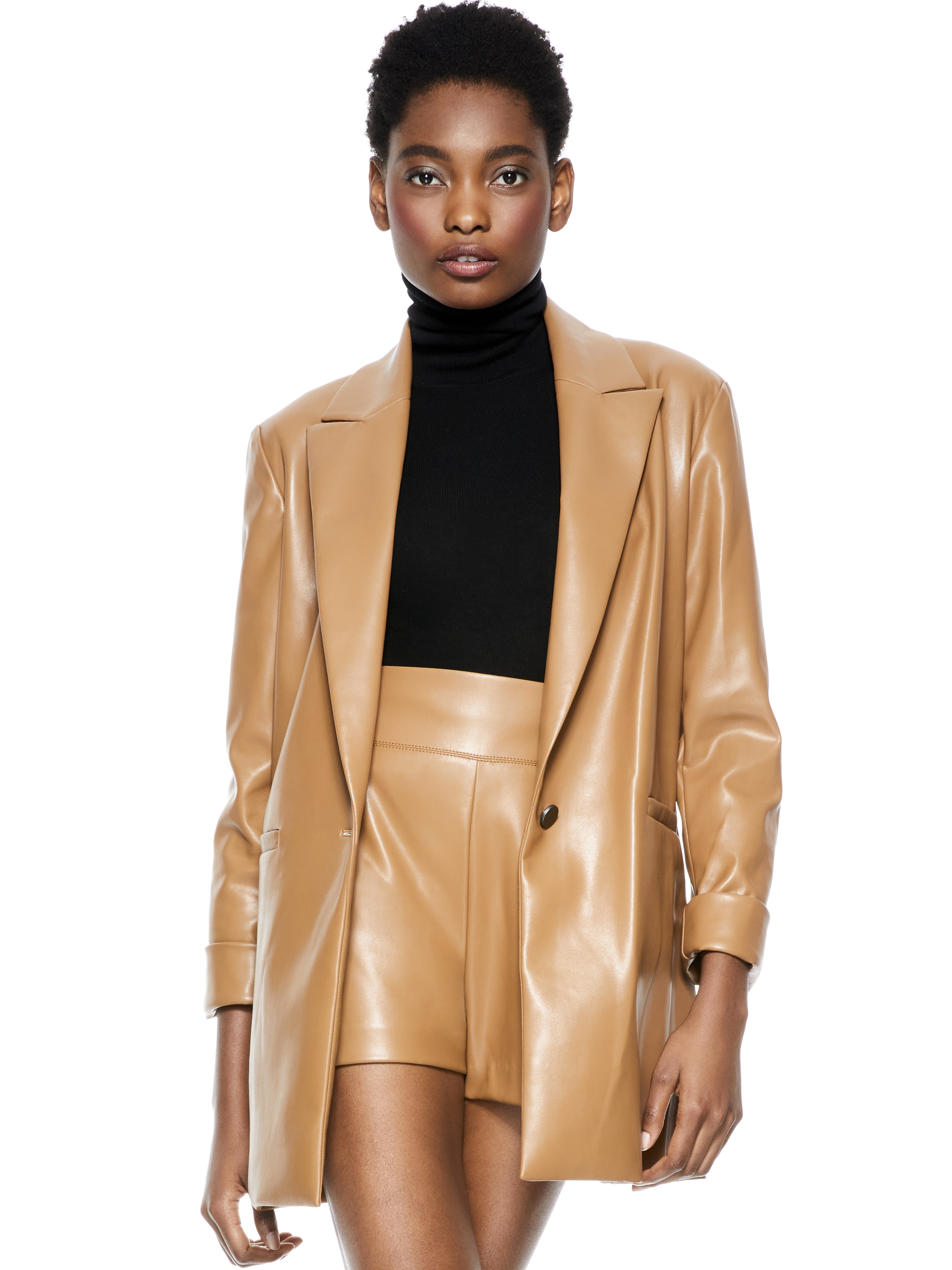 Dunn Roll Cuff Vegan Leather Blazer In Camel | Alice + Olivia