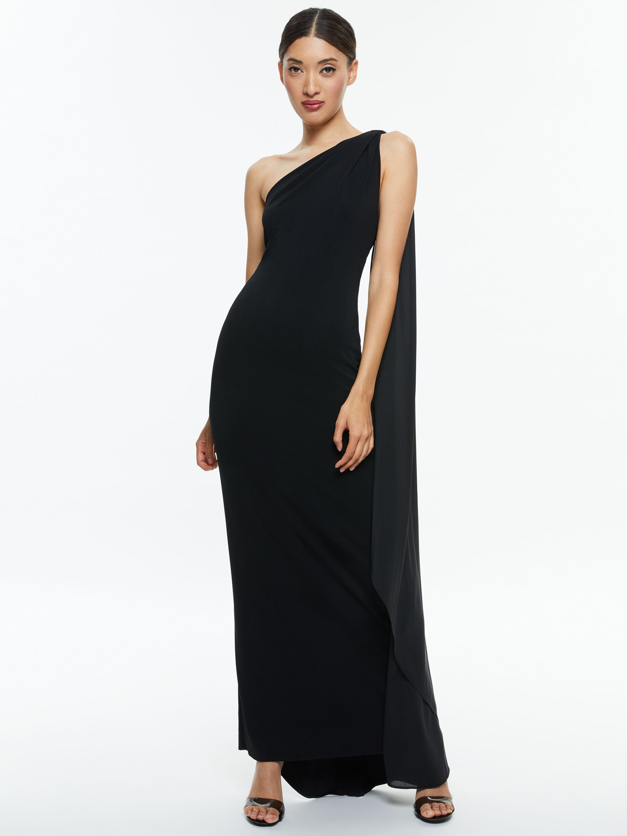 ANJA ONE SHOULDER DRAPED MAXI DRESS in BLACK | ALICE + OLIVIA