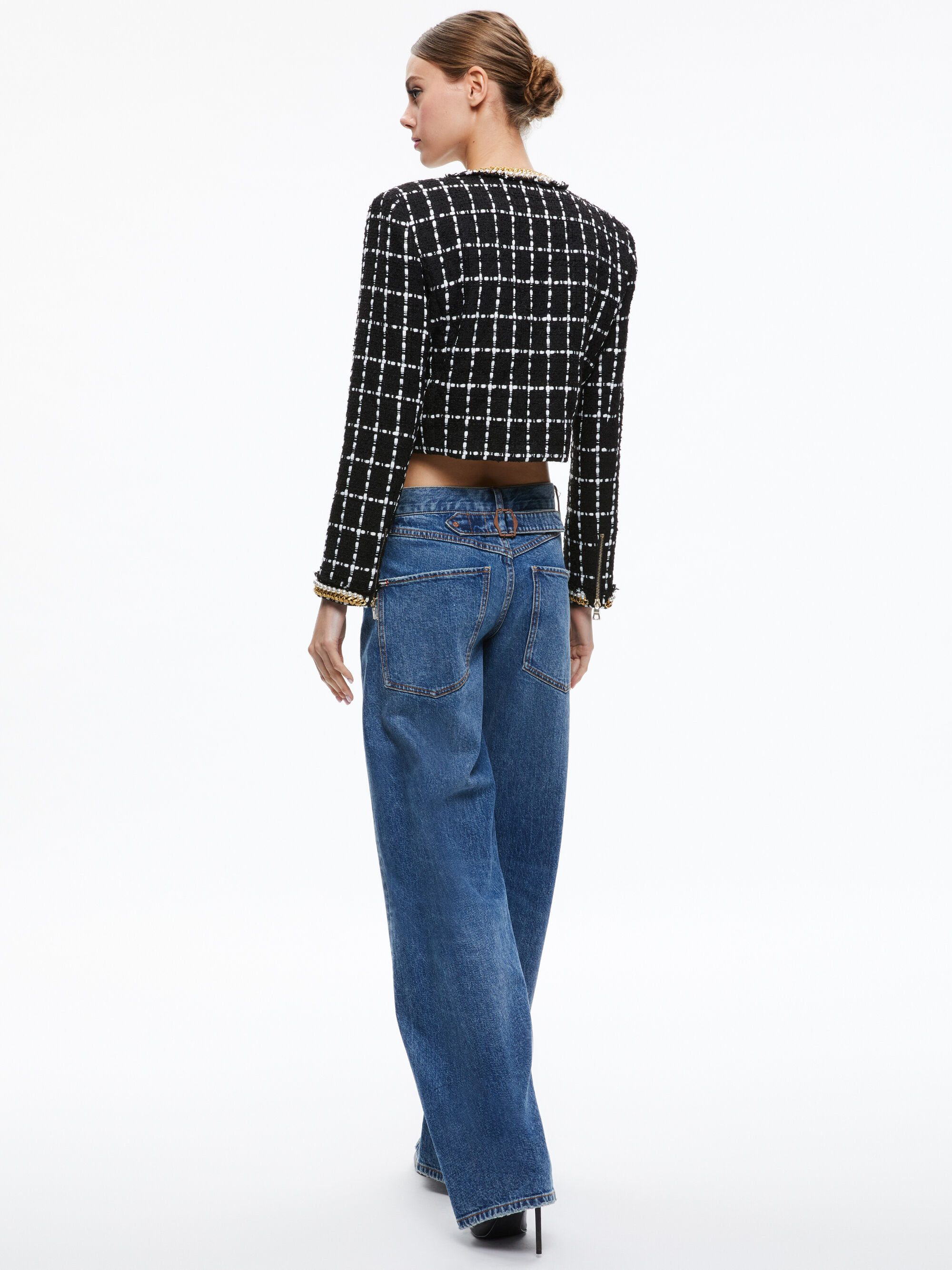 SABINA CHAIN TRIM TWEED JACKET in BLACK/ECRU | ALICE + OLIVIA