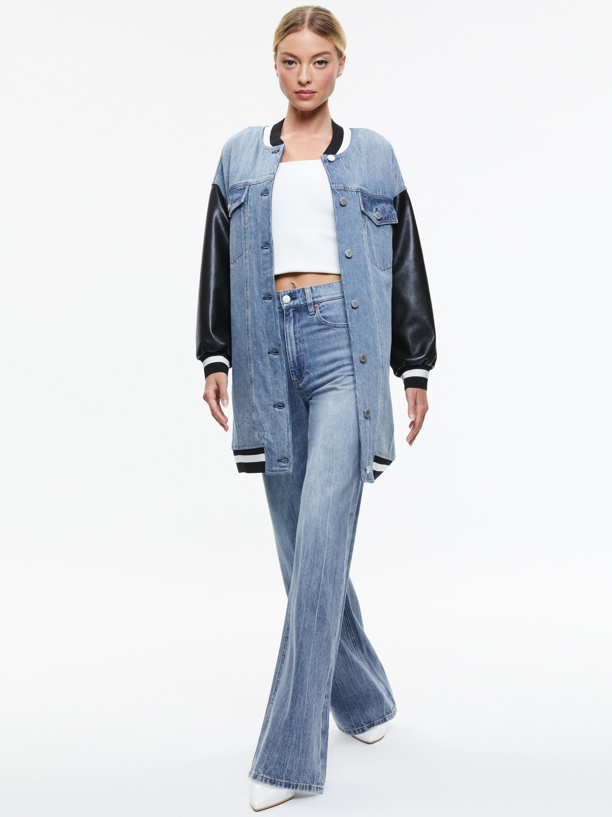 ORTEN OVERSIZED VARSITY JACKET in SADIE LT VINTAGE BLUE | ALICE + OLIVIA