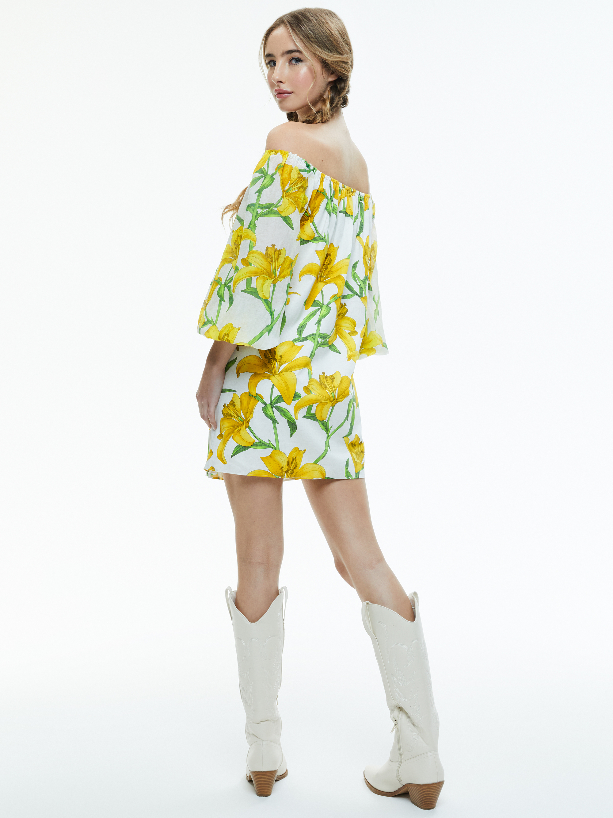 Artemis Off The Shoulder Blouson Tie Sleeve Mini Dress In Stargazer ...